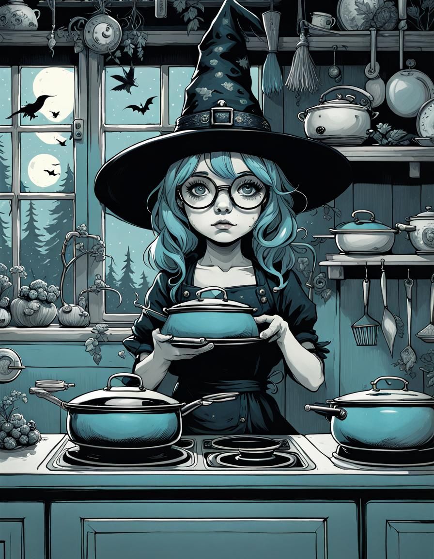 Blue Spooky Kitchen Nighttime - AI Generated Artwork - NightCafe Creator