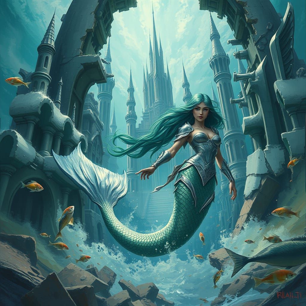 Surreal Mermaid Warrior Invades Underwater Metropo... - AI Art