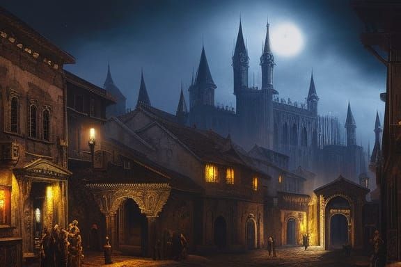 some street-view in a medieval city at night : r/nightcafe