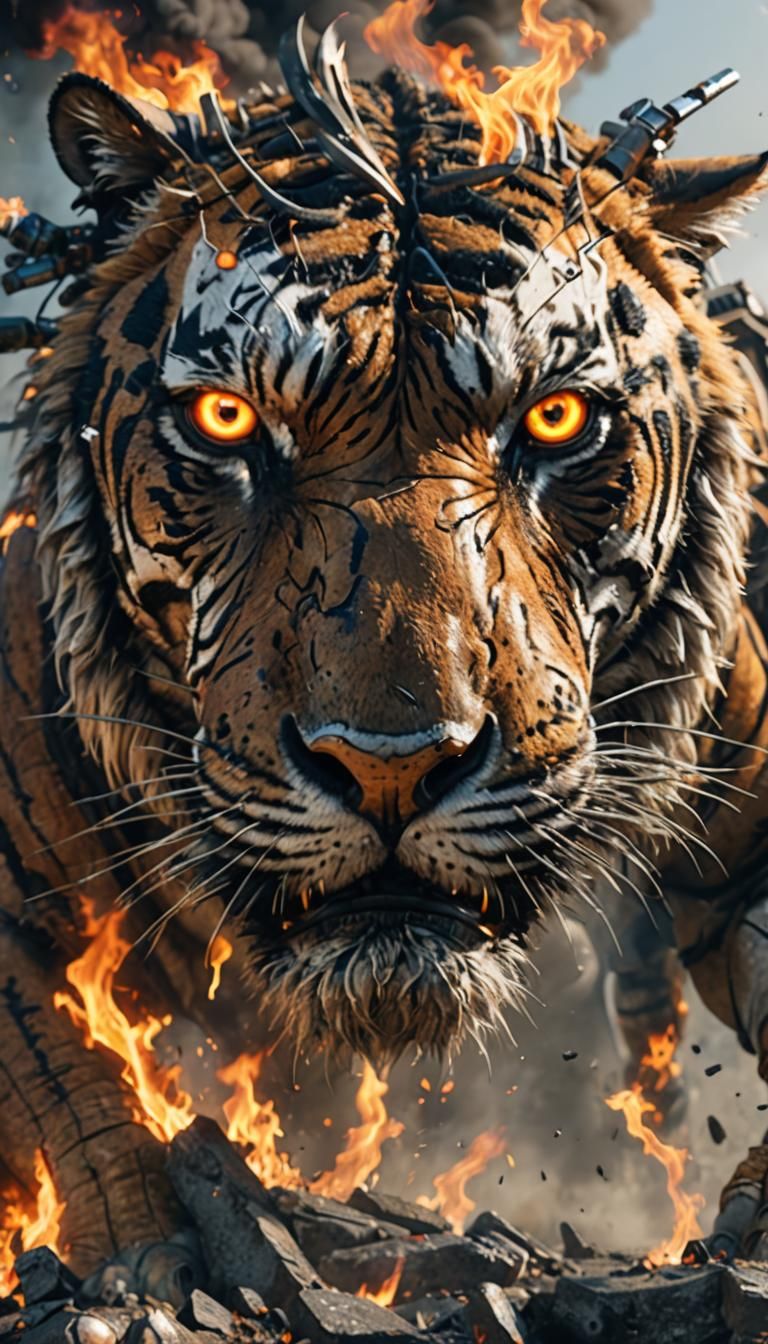 big and furious tiger with smoke and flames out side him ...
