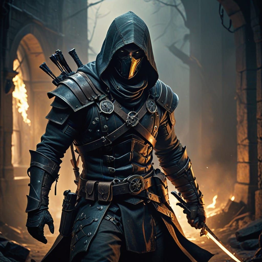 Sneaky Assassin Emerges from Shadows in Dark Fanta... - AI Art