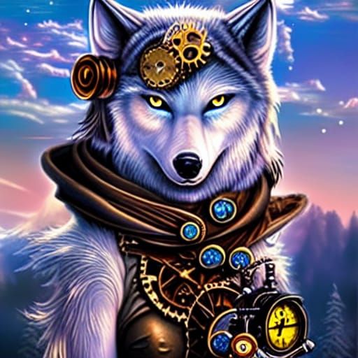 beautiful Ice Wolf Girl with a steampunk wolf beautiful face, steampunk ...