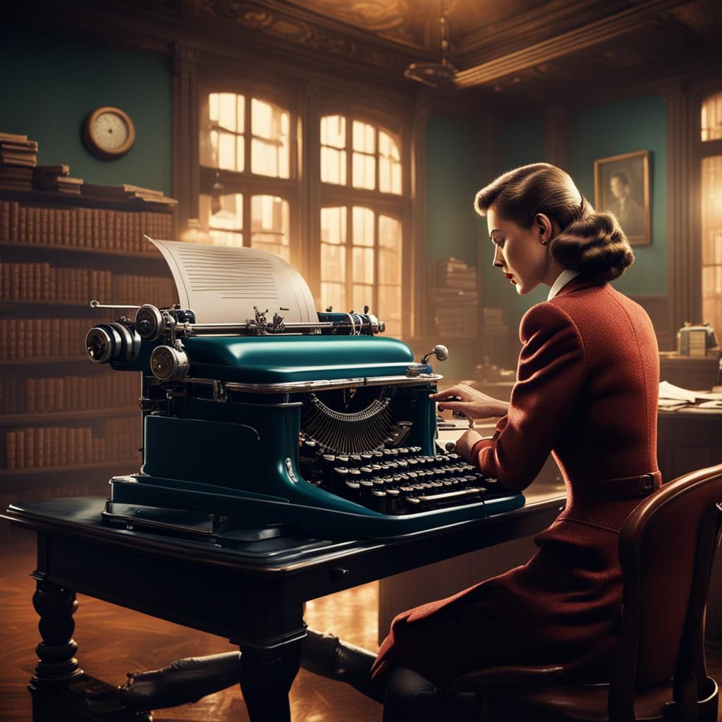 Attractive secretary typing on a Royal typewriter in a 1940s office ...