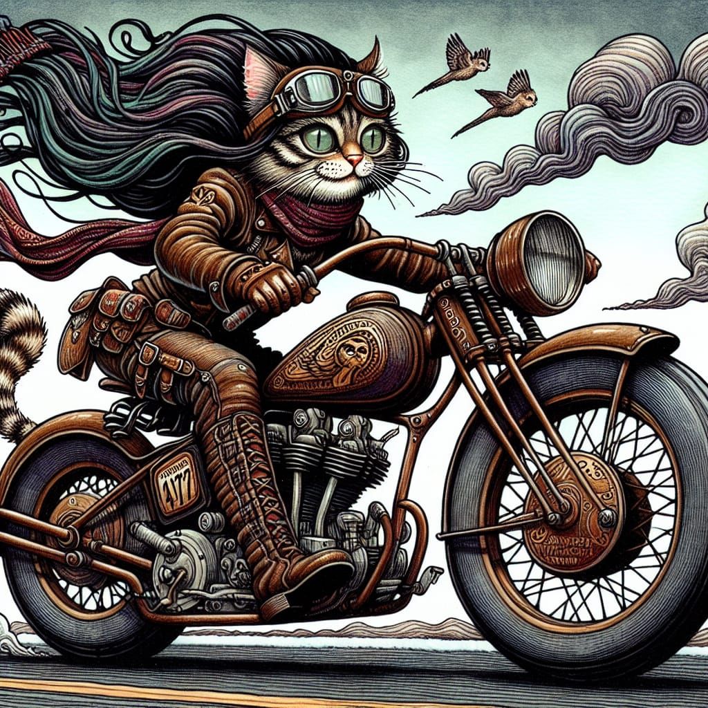 Biker Cat on her cruiser - AI Generated Artwork - NightCafe Creator