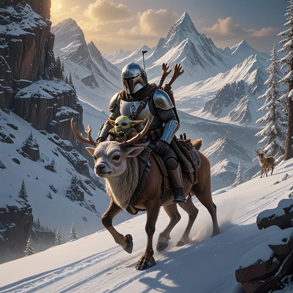 The Mandalorian riding a reindeer with grogu