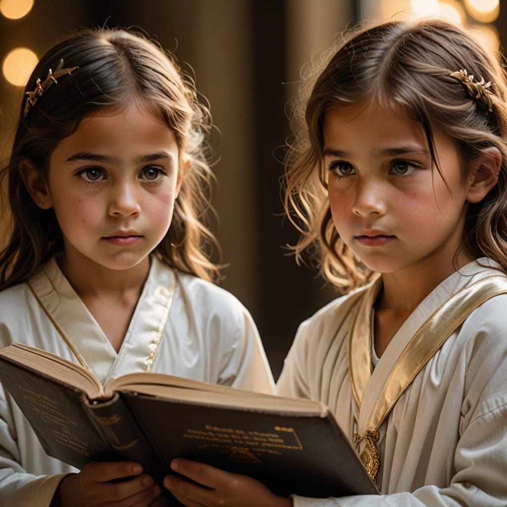 Angels Gather Around the Bible in Elegant White Ro... - AI Art