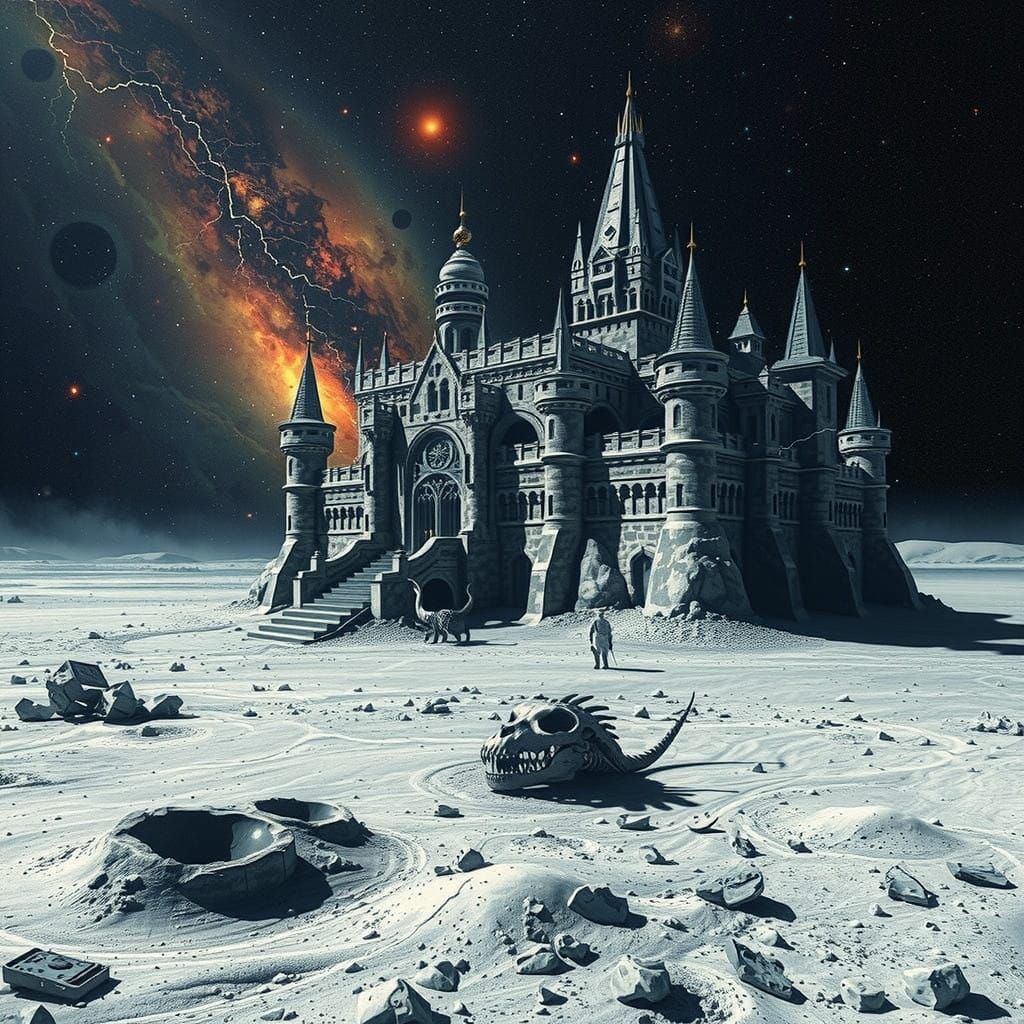 Lunar Castle - Lunar Castle at Sunrise in Vibrant Hyperreali...