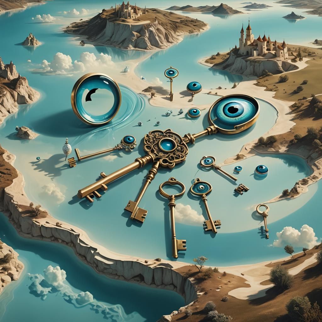 a surreal digital art piece depicting keys floating in a dreamlike ...