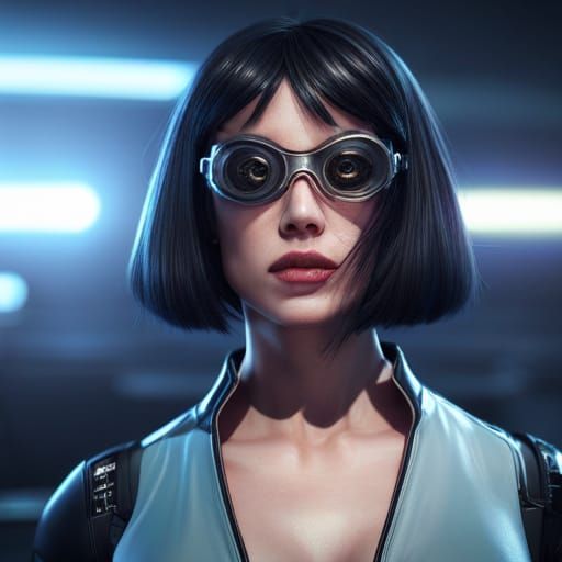 Sly small young woman Secret agent half-shaved purple and black hair in ...