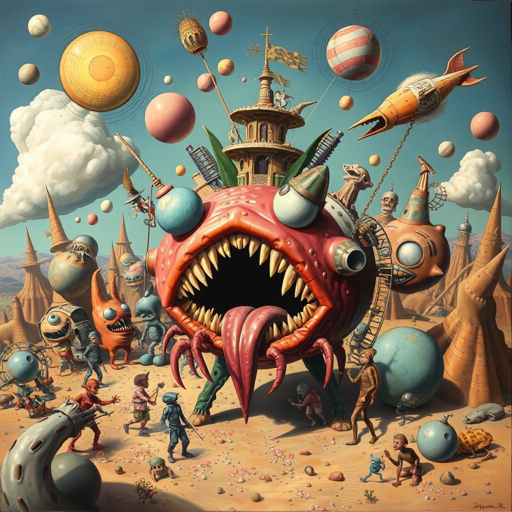 a chaotic pop surrealism piece inspired by the works of Picasso, Terry ...