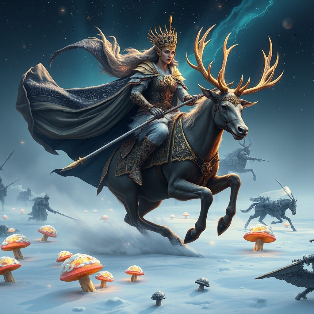 Regal Warrior Queen Rides Stag with Celestial Armo... - AI Art