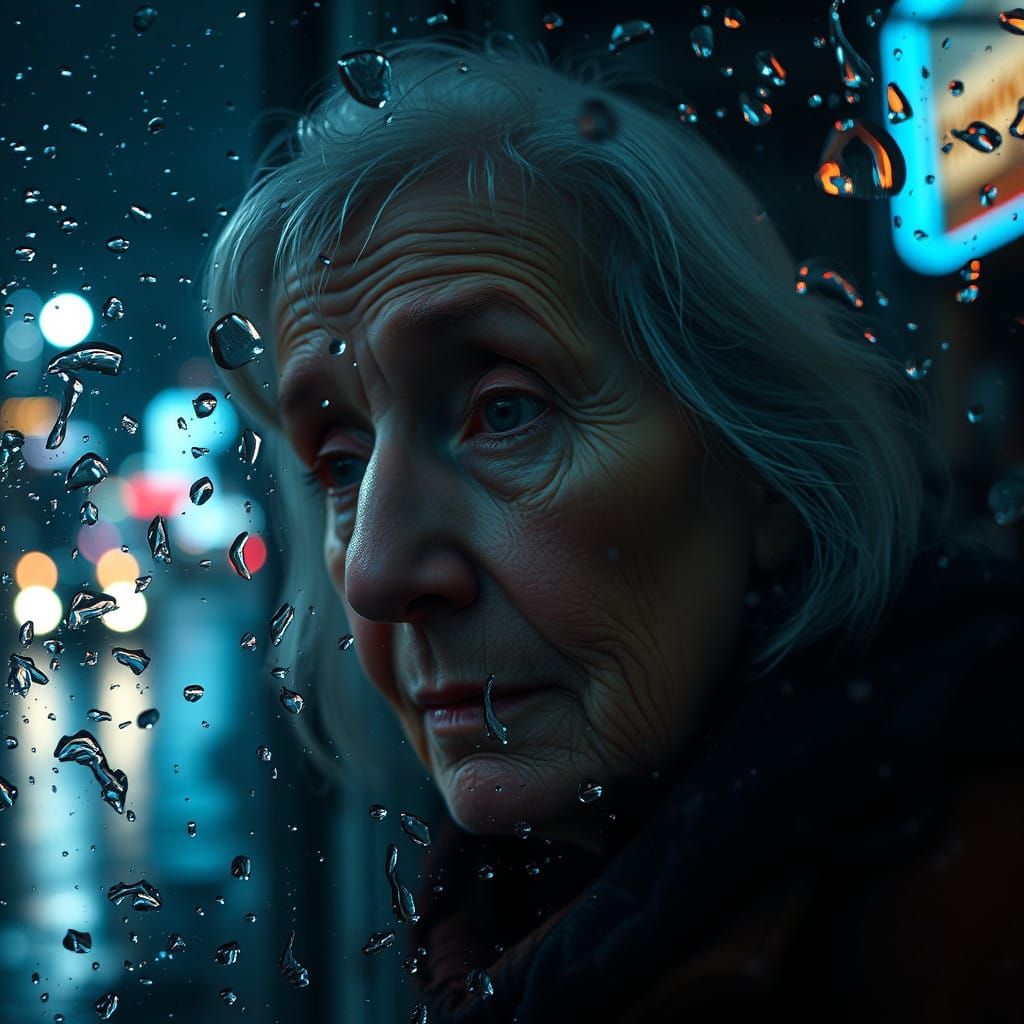 A hyperrealistic 4k photo of a rain distorted Old woman's face looking ...