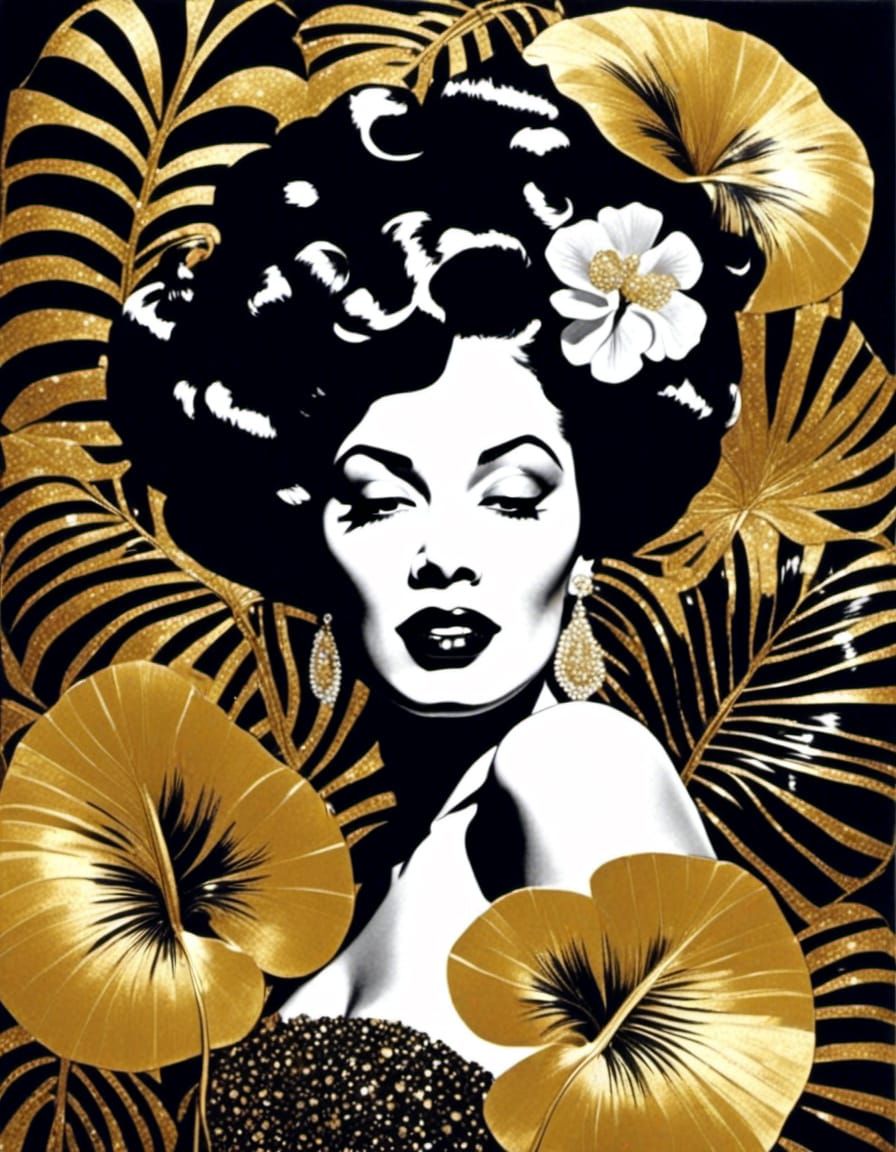 Billie Holiday, psychedelic Gilded swirling Foliage, monstera palm ...