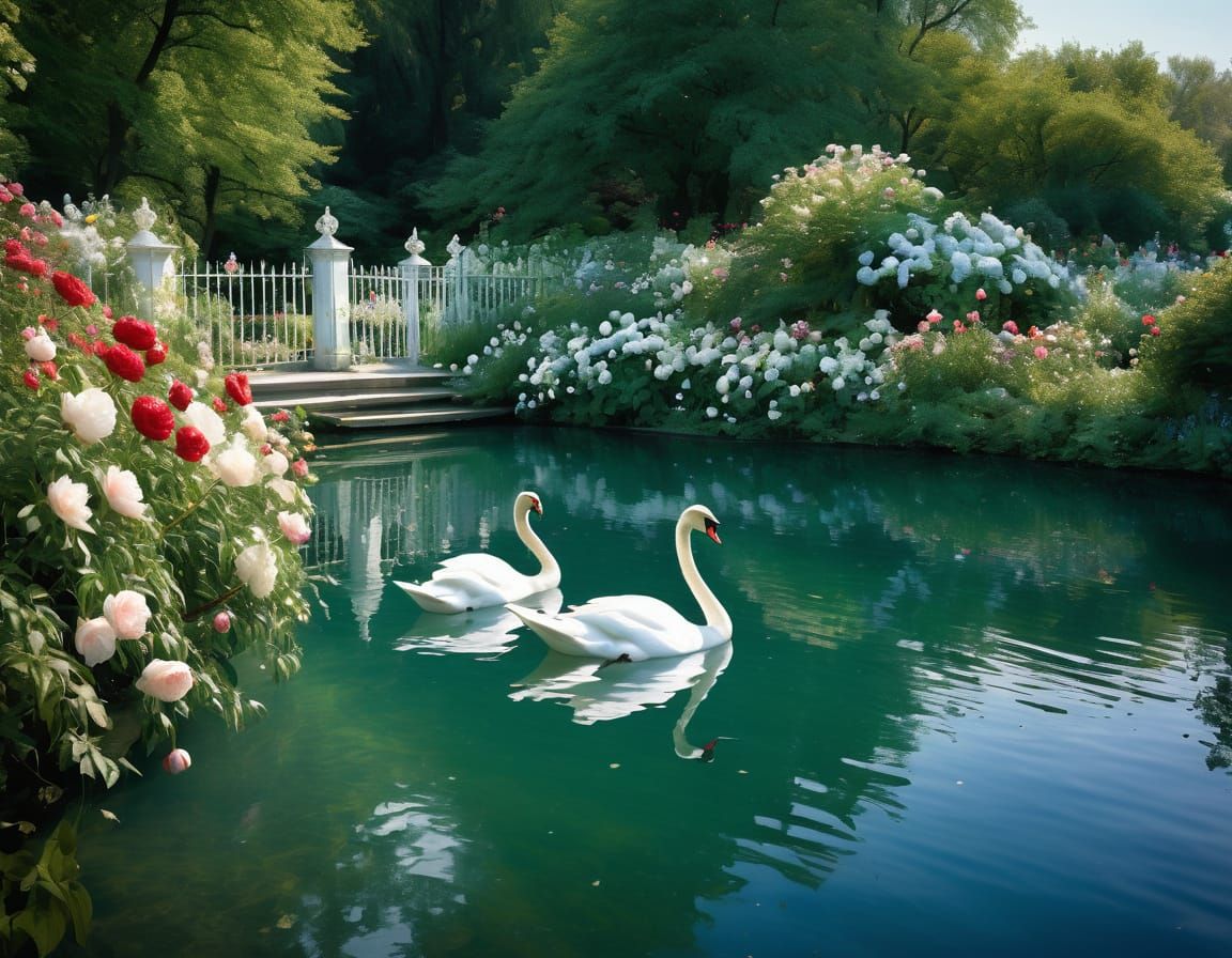 Elegant White Swans in a Serene Garden Lake - AI Art