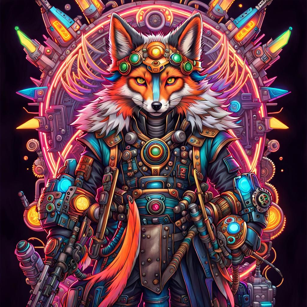(Hyper detailed artwork of a(furry samurai-fox in a glowing cyberpunk ...
