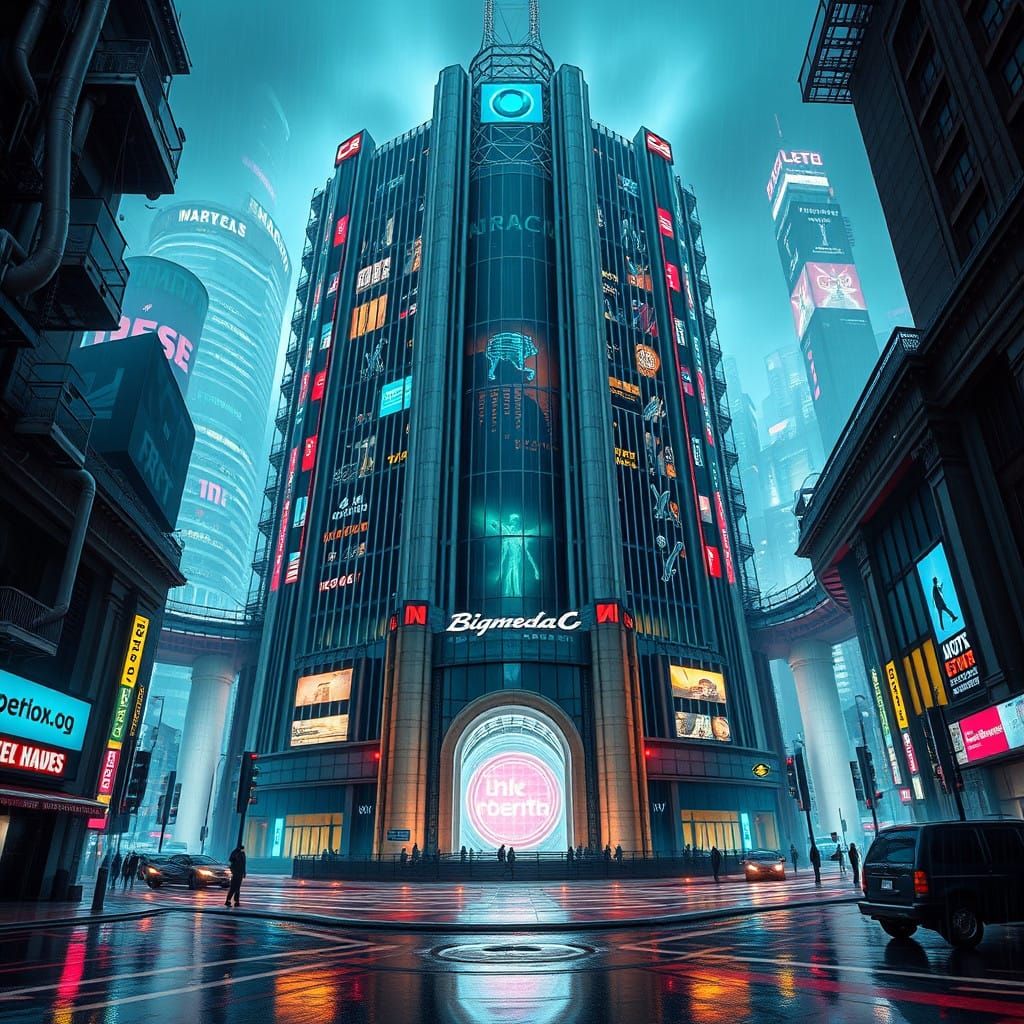 Cyberpunk Washington DC: Majestic BigMediaCo Build... - AI Art