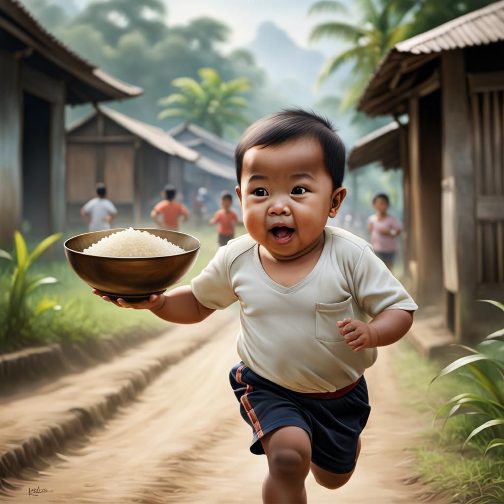 running with a bowl of rice in the hands - AI Generated Artwork ...