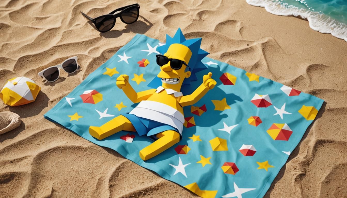 A sunny day at the beach for Homer and Marge Simpson, both are laying ...