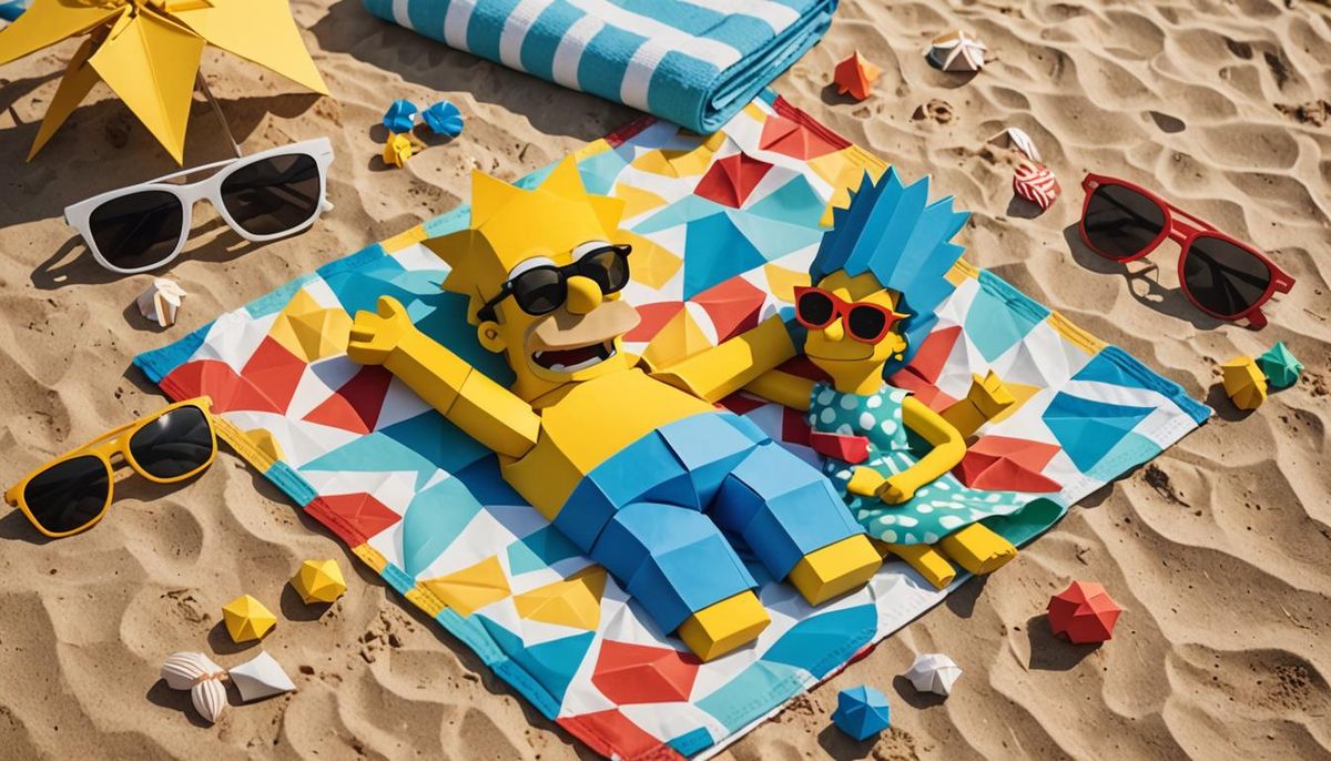 A sunny day at the beach for Homer and Marge Simpson, both are laying ...