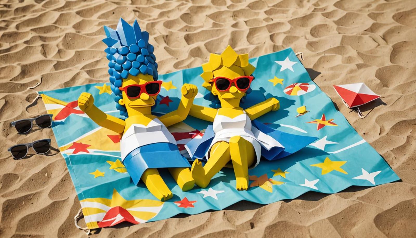 A sunny day at the beach for Homer and Marge Simpson, both are laying ...