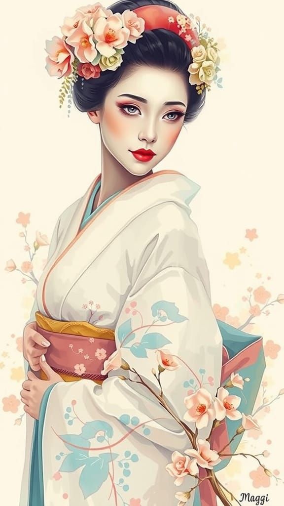 Geisha Lady - Surreal Geisha Lady in Pastel Watercolor
