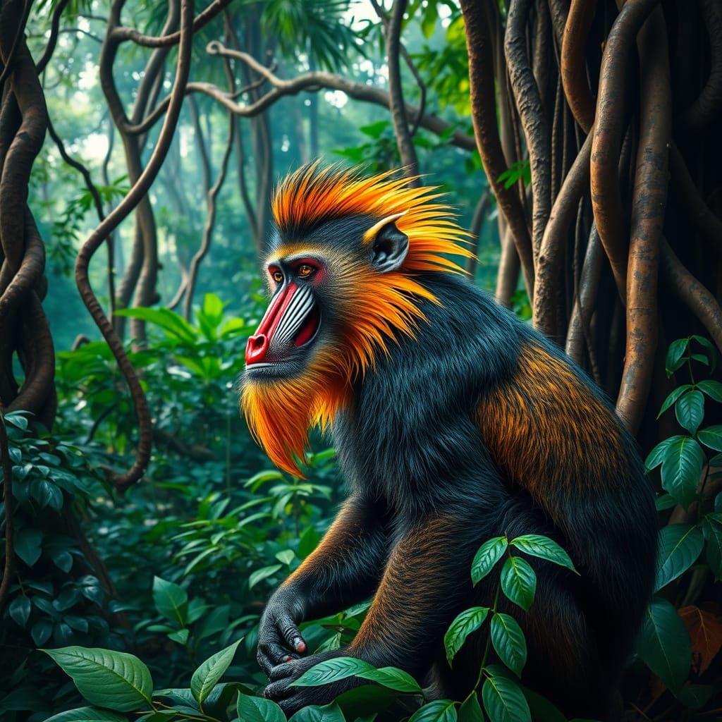 Vibrant Mandrill Amidst Ancient Rainforest Canopy - AI Art