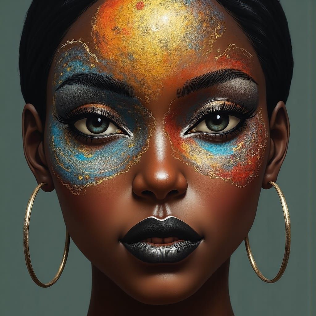 Design an artistic close-up portrait of a stunning very dark African ...