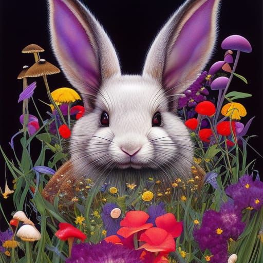 "Fantastical, mystical rabbit with large, pointed ears and a long ...