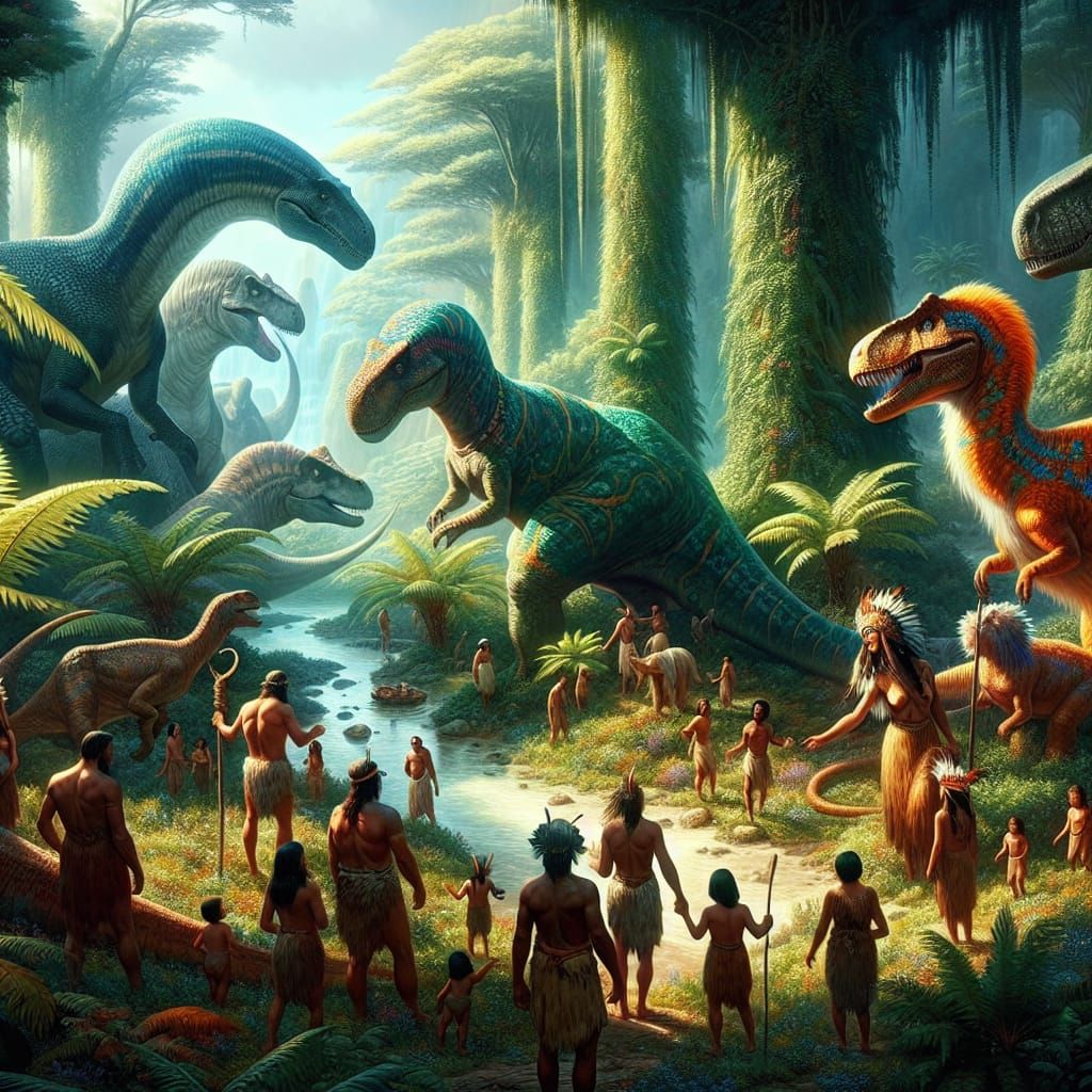 In a lush, ancient realm, humans and dinosaurs coexist in symbiotic ...