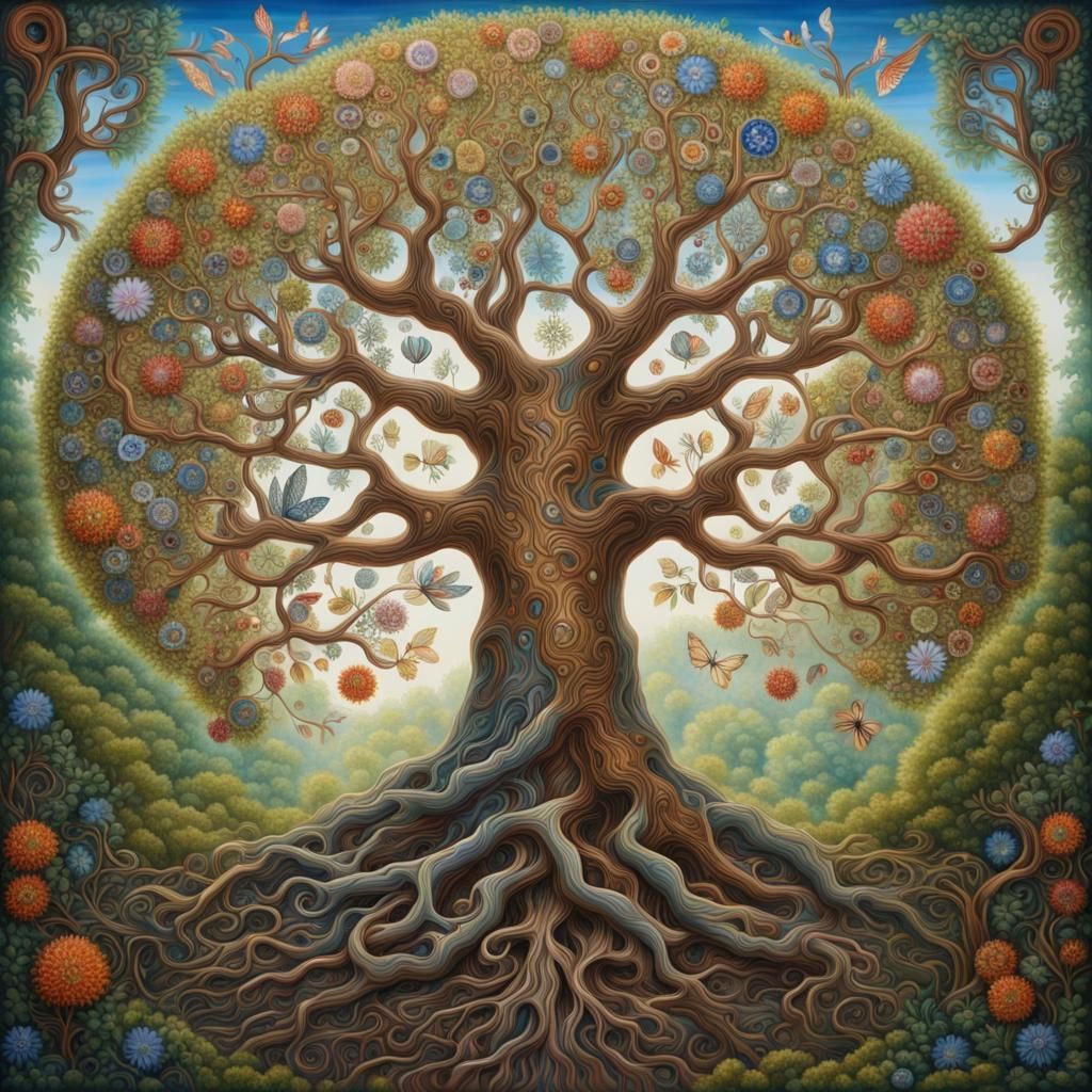 A hyper-detailed painting of a mythological tree of life, vivid ...