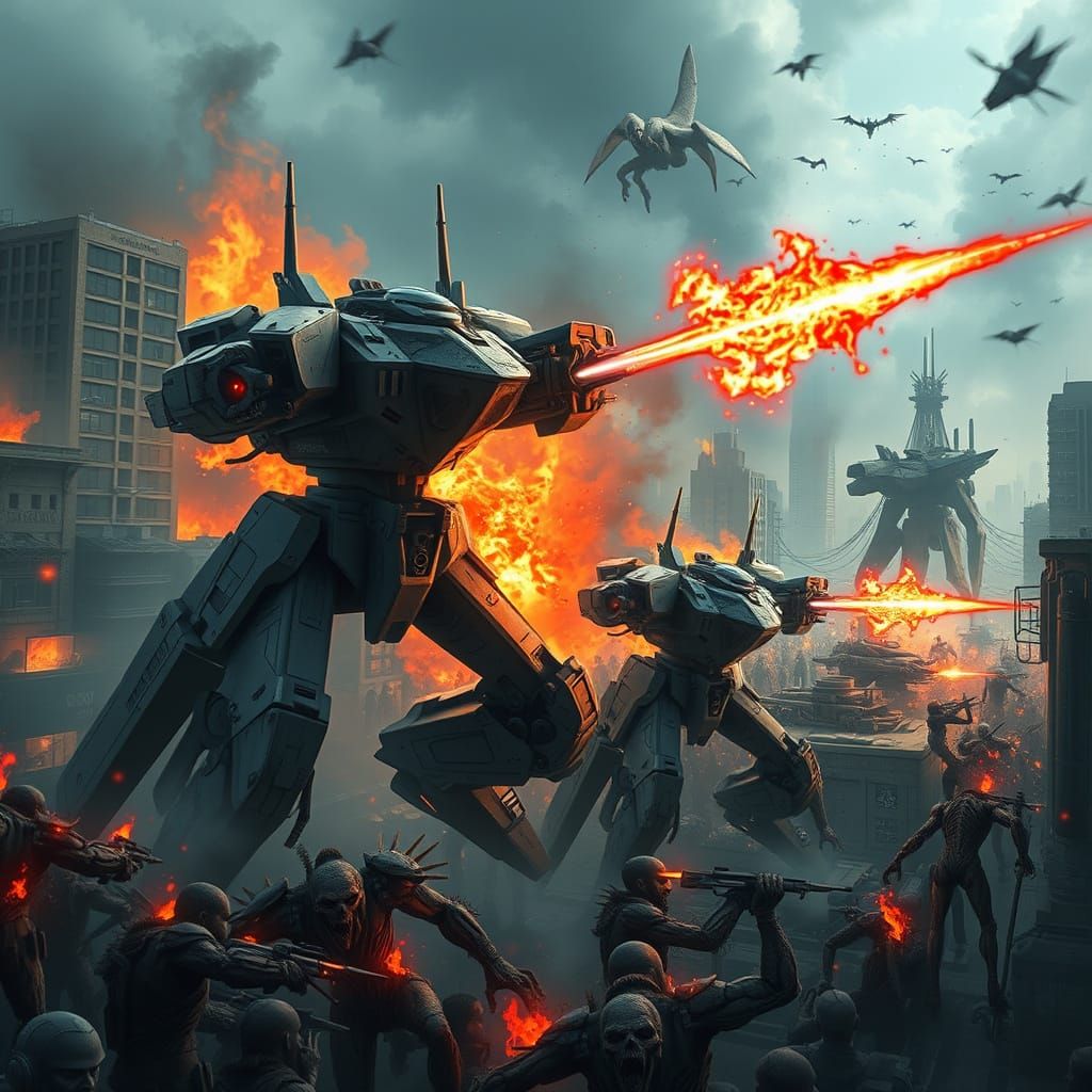 Panoramic shot. A war between DeusEx-style power-armored mechs and ...