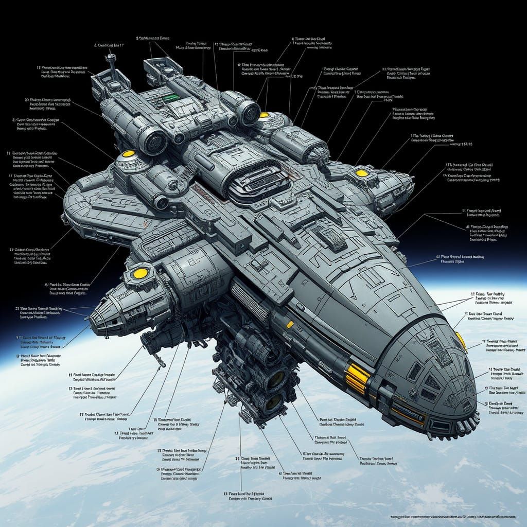 Realistic engineering drawing of a sprawling spacecraft (include ...