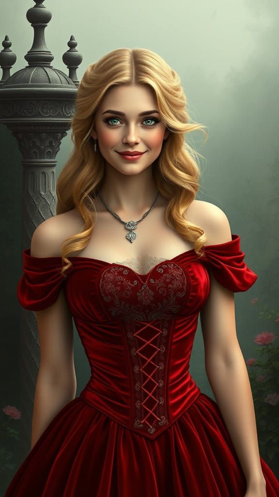 Emily in her garden - Ethereal Victorian Beauty in Red Velv...