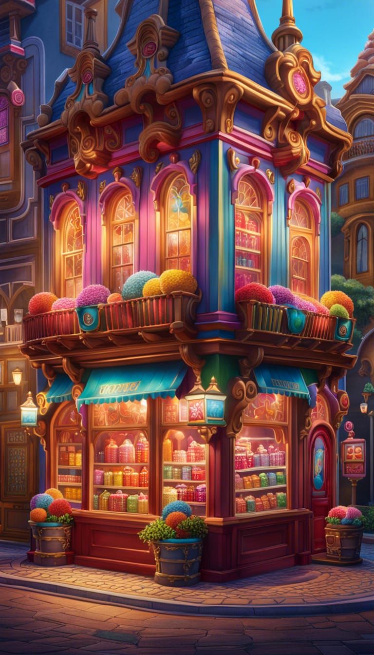 Storybook Style Intricately detailed Enchanted candy shop of a fantasy ...