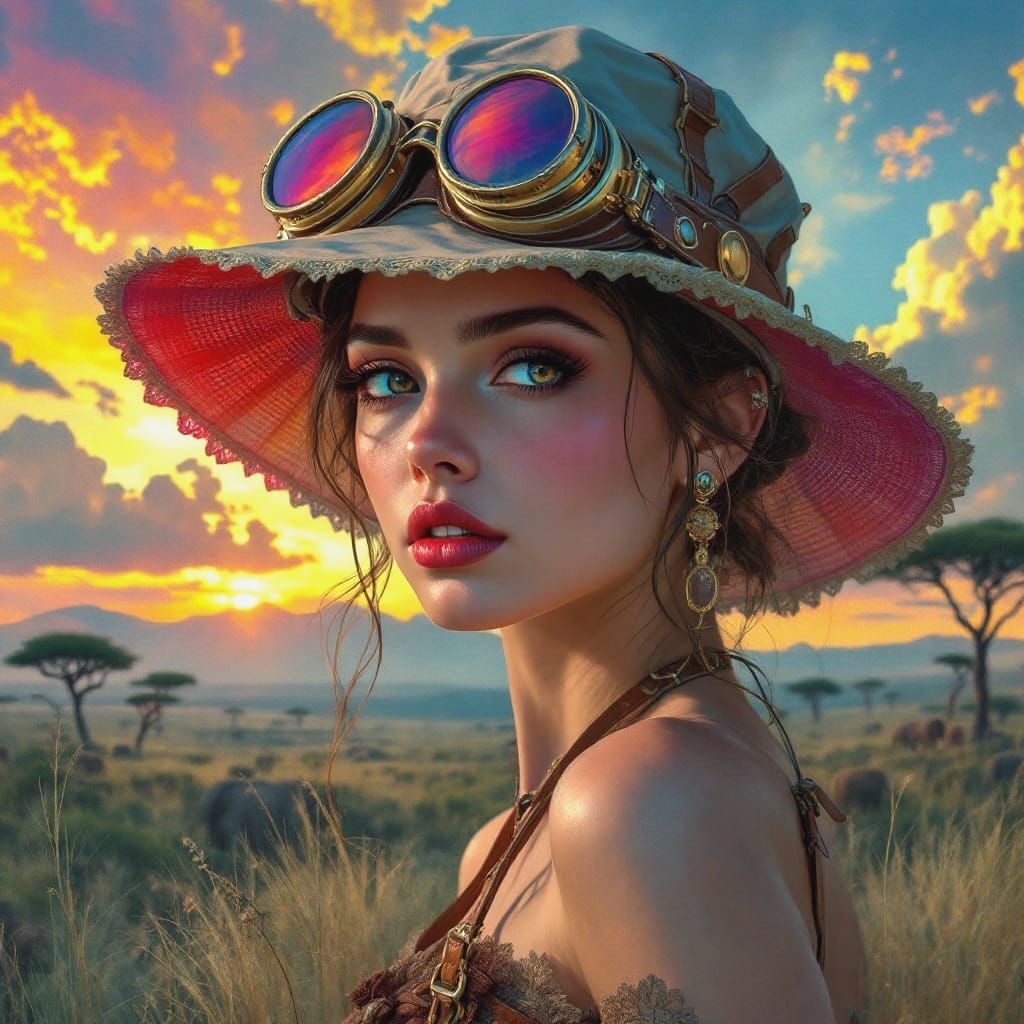 Ethereal Art Nouveau Lady in Steampunk Safari Atti... - AI Art