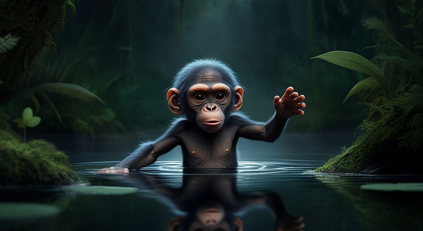 out of the dark lake comes a cute little baby Australopithecus