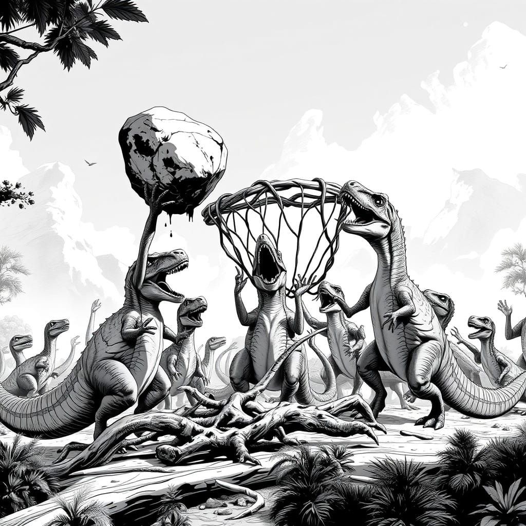 Dinosaurs Cheer as They Toss Ancient Rock into a V... - AI Art