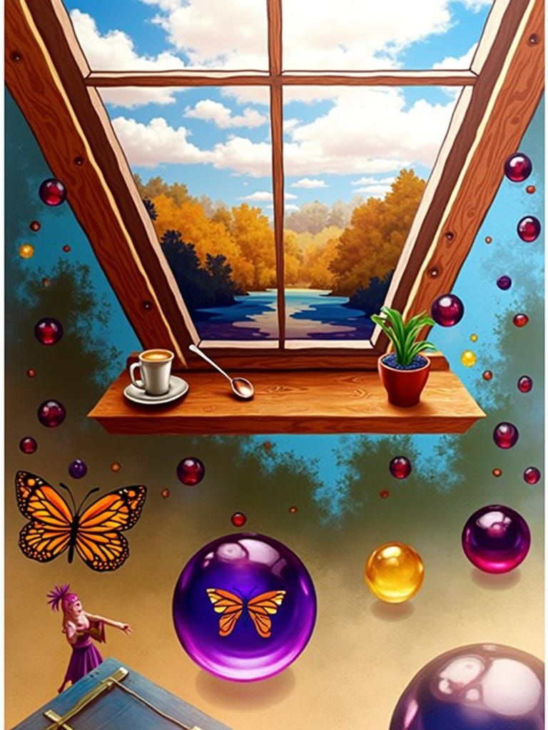 Surreal Window Scene with Coffee Cup and Butterfly - AI Art