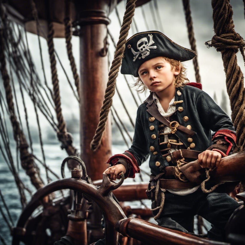 create an image with a little pirate boy who sails into adventure on a ...