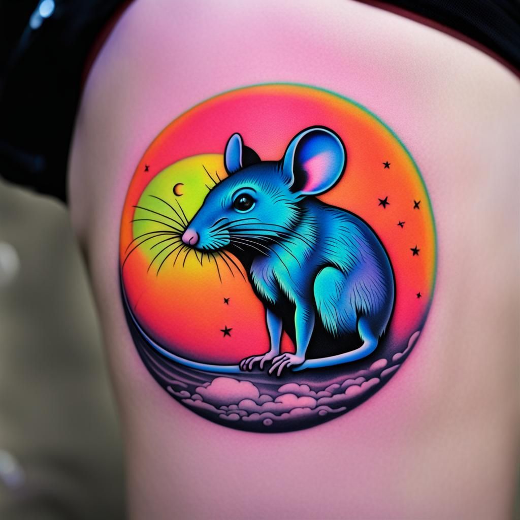 colorful UV-reactive tattoo of mouse on moon - AI Generated Artwork ...