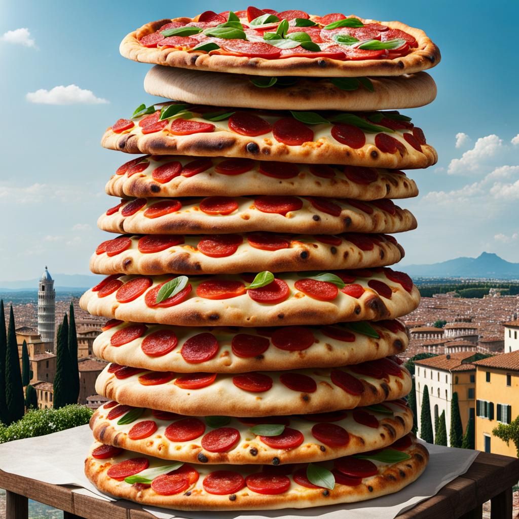 The Leaning Tower of Pizzas. - AI Generated Artwork - NightCafe Creator
