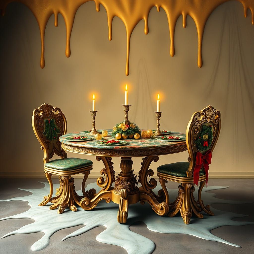 Whimsical Christmas Table Scene in Surrealist Styl... - AI Art