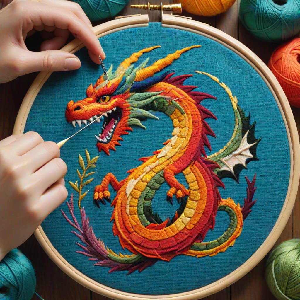 Colorful Needlepoint of a Dragon - Vibrant Folk Art Needlepo...