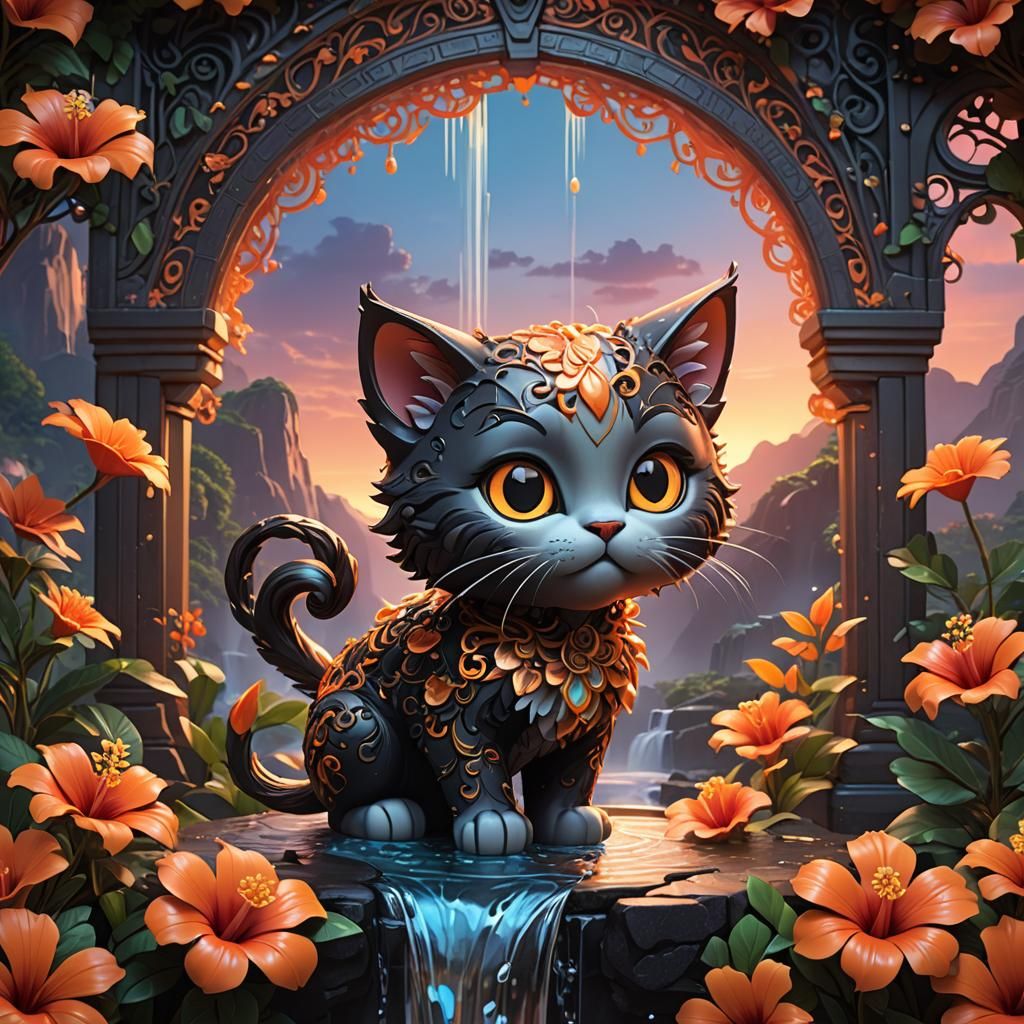 Sunrise landscape waterfall filigree iridescent hibiscus orange black ...