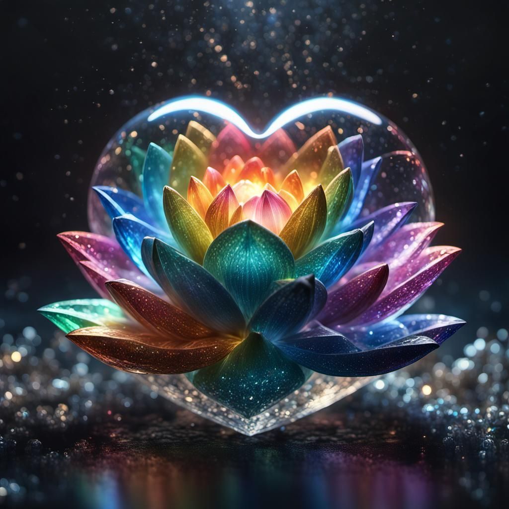 crystal heart with a beautiful rainbow lotus inside, chiaroscuro ...