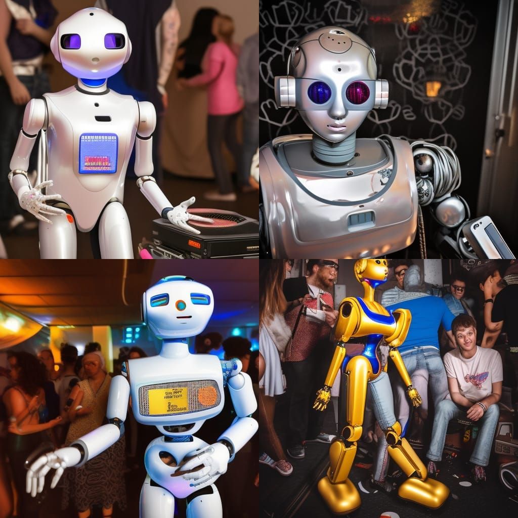 Humanoid robot with an 80's boombox in the middle of a party - AI ...