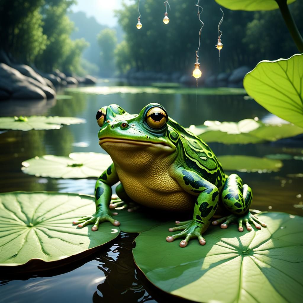 big heavy flabby frog on Lilly pad with tongue striking lightning bug ...