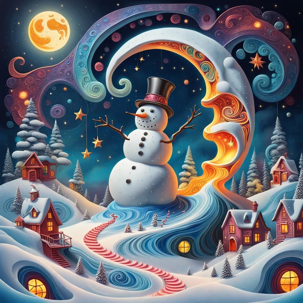Starry Electric lighting Magical Snowman on the moon, sparkling snow ...