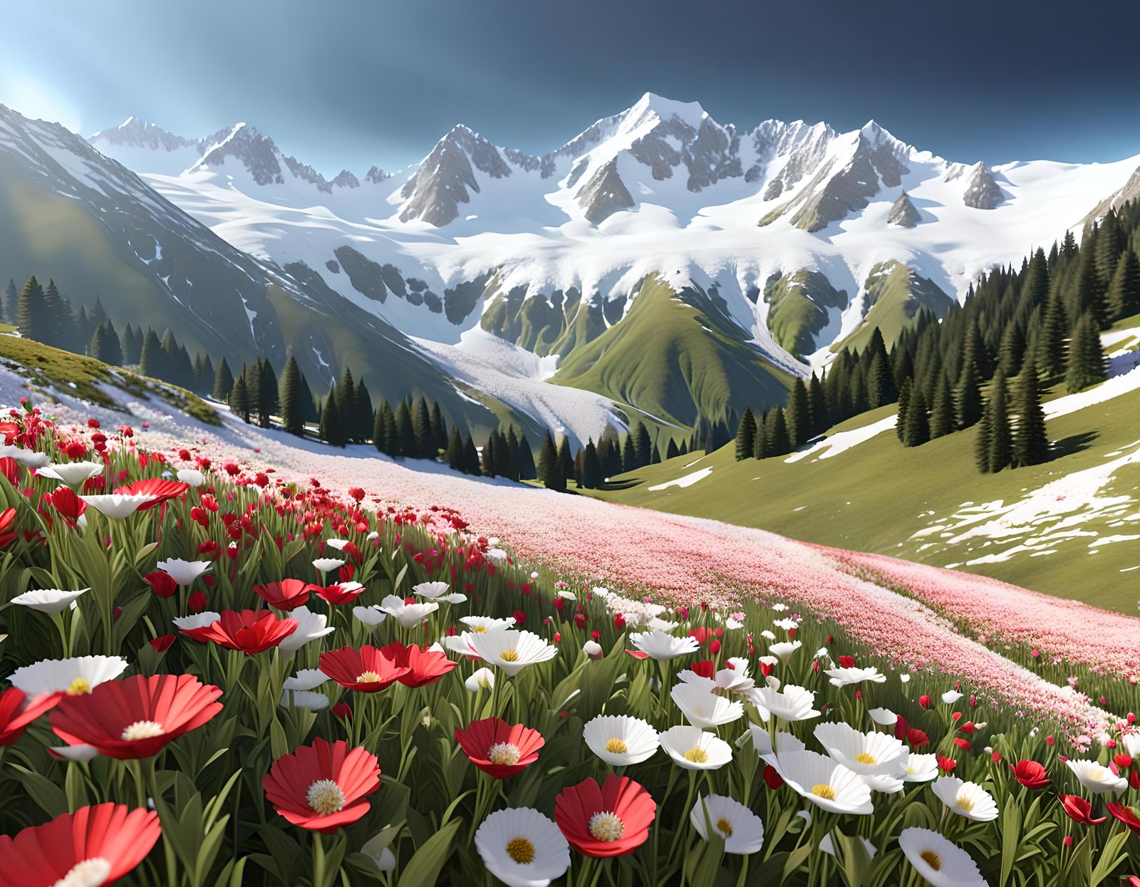 Photorealistic 3d, full hd, 8k magical snowcap Alps mountainland ...