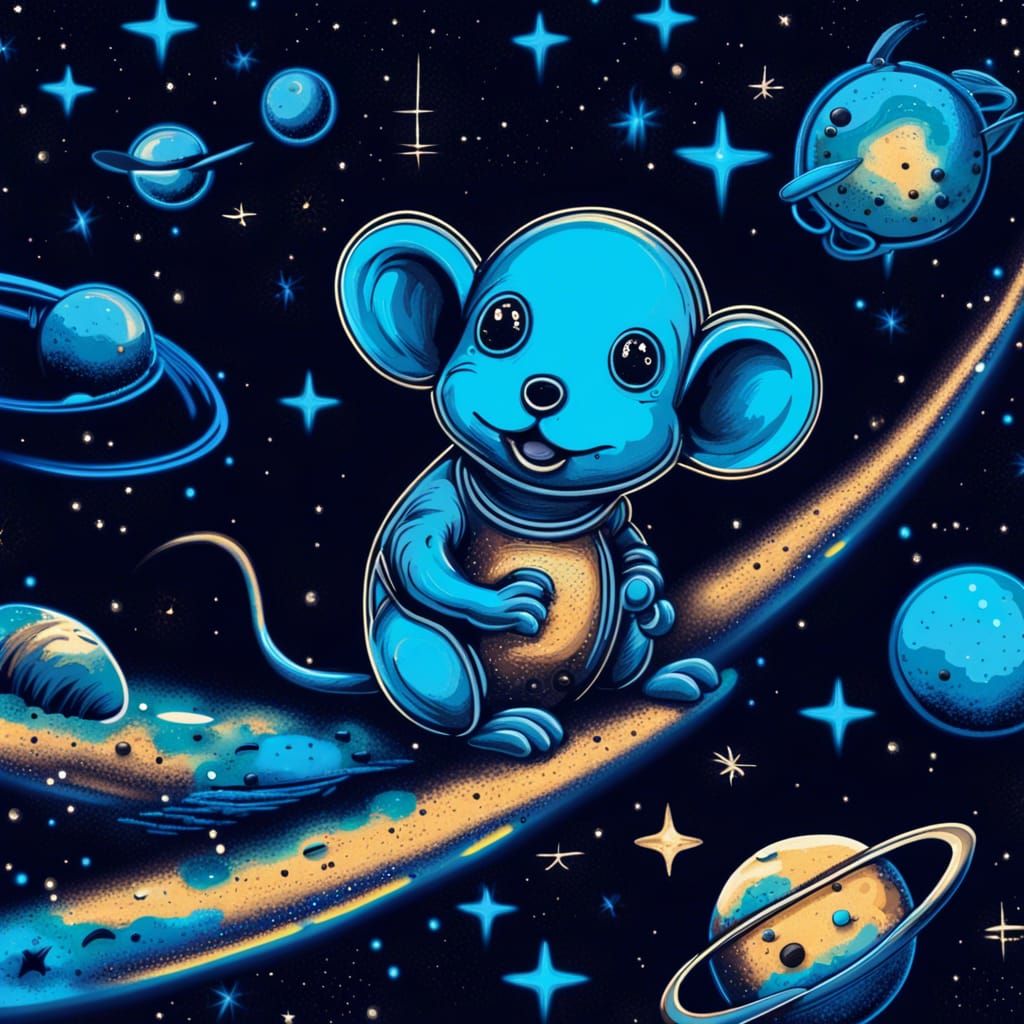 Neon Blue Mouse in Space with Planets and UFO - AI Art